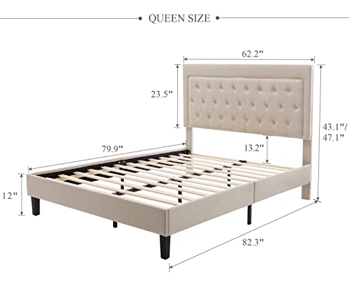 Benevika Queen Size Upholstered Platform Bed Frame with Linen Fabric Button Tufted Headboard, Wood Slat Support, Upholstered Mattress Foundation, No Box Spring Needed, Easy Assembly, Beige