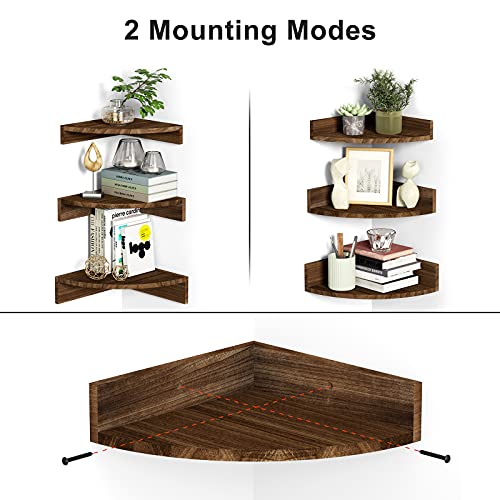Alsonerbay Corner Shelf Wall Mount, Set of 3 Floating Shelves for Wall Storage and Display, Rustic Wall Shelves Wood Shelves for Bedroom, Kitchen, Living Room, Nursery and Office (Dark Brown)