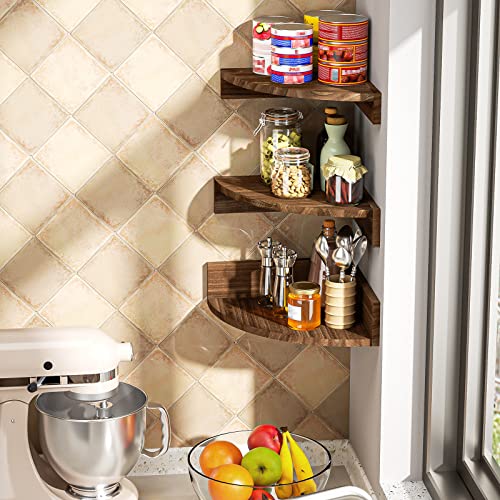 Alsonerbay Corner Shelf Wall Mount, Set of 3 Floating Shelves for Wall Storage and Display, Rustic Wall Shelves Wood Shelves for Bedroom, Kitchen, Living Room, Nursery and Office (Dark Brown)