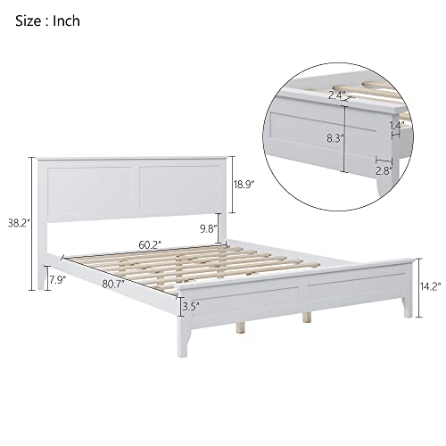 MERITLINE Queen Platform Bed Frame with headboard/Solid Wood Foundation with Wood Slat Support/No Box Spring Needed/Easy Assembly, Rustic Pine (Queen Size, White)