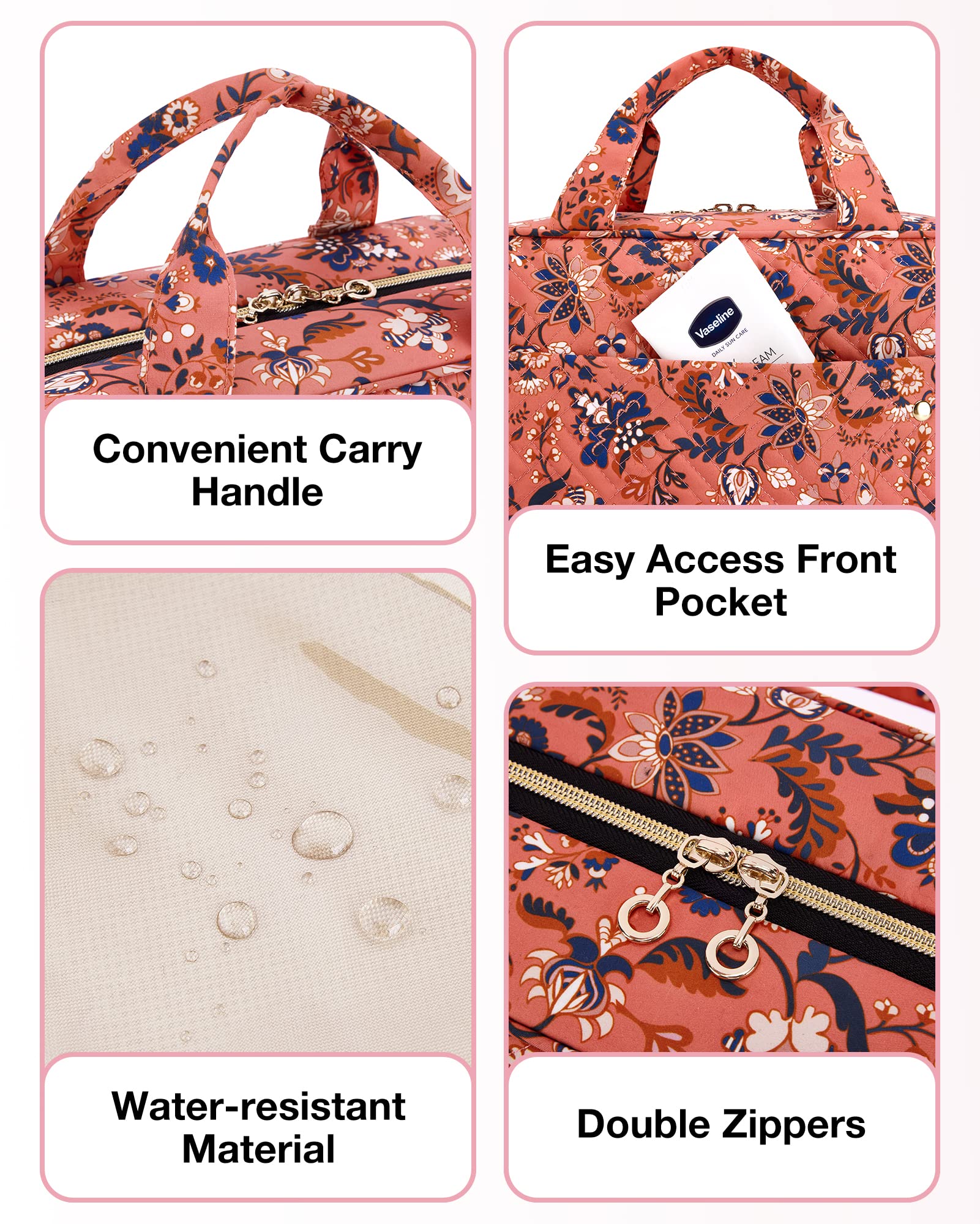 BAGSMART Toiletry Bag Travel Bag with Hanging Hook, Water-resistant Makeup Cosmetic Bag Travel Organizer for Accessories, Shampoo, Full Sized Container, Toiletries (Red Floral, Large)