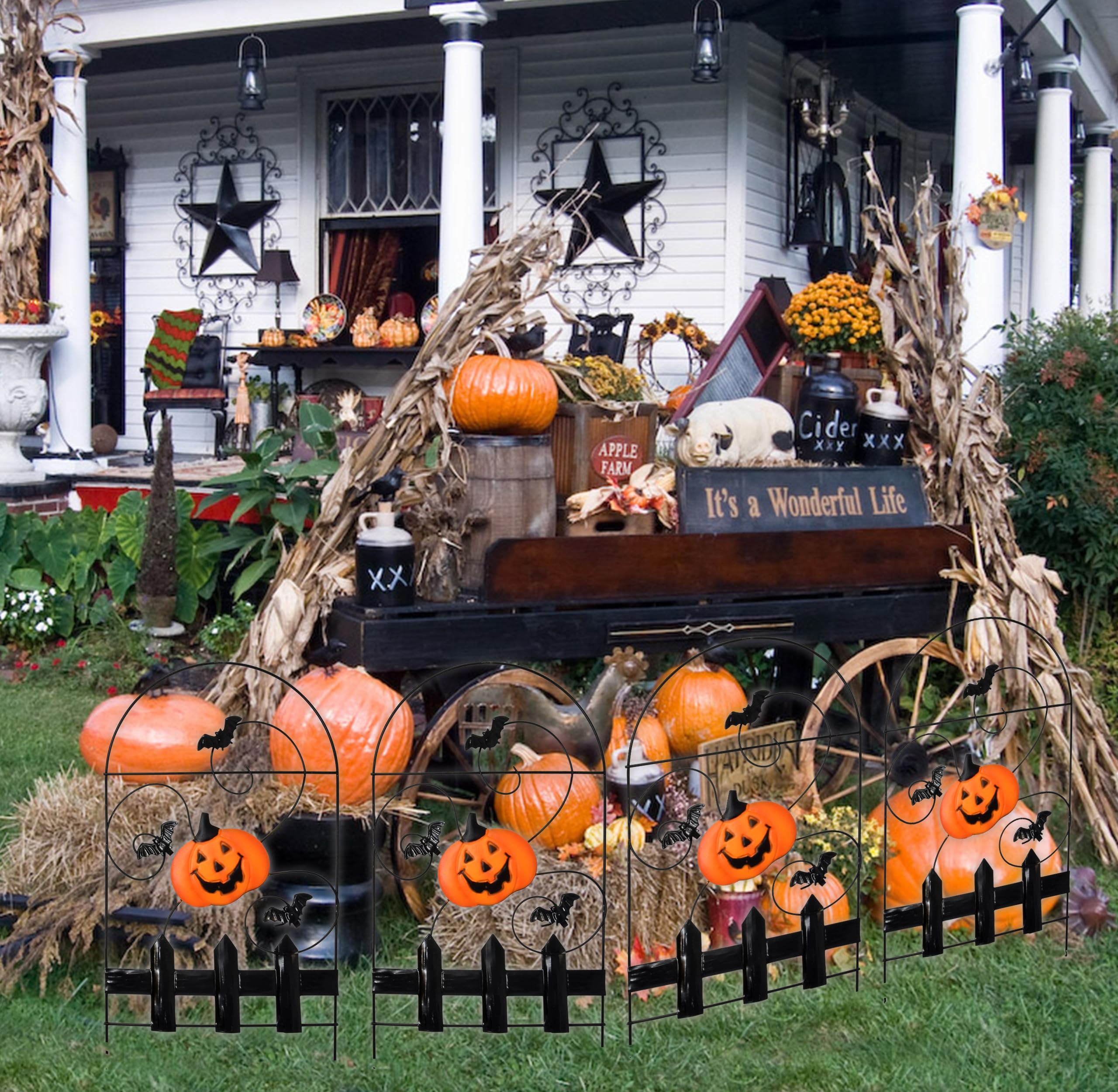 Gift Boutique Decorative Halloween Metal Cemetery Garden Fence 4 Pack Fall Panel Border Edge Picket Gate Fencing Yard Patio Lawn Landscape Gardening Outdoor Decor