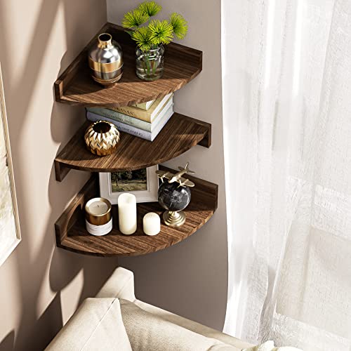 Alsonerbay Corner Shelf Wall Mount, Set of 3 Floating Shelves for Wall Storage and Display, Rustic Wall Shelves Wood Shelves for Bedroom, Kitchen, Living Room, Nursery and Office (Dark Brown)