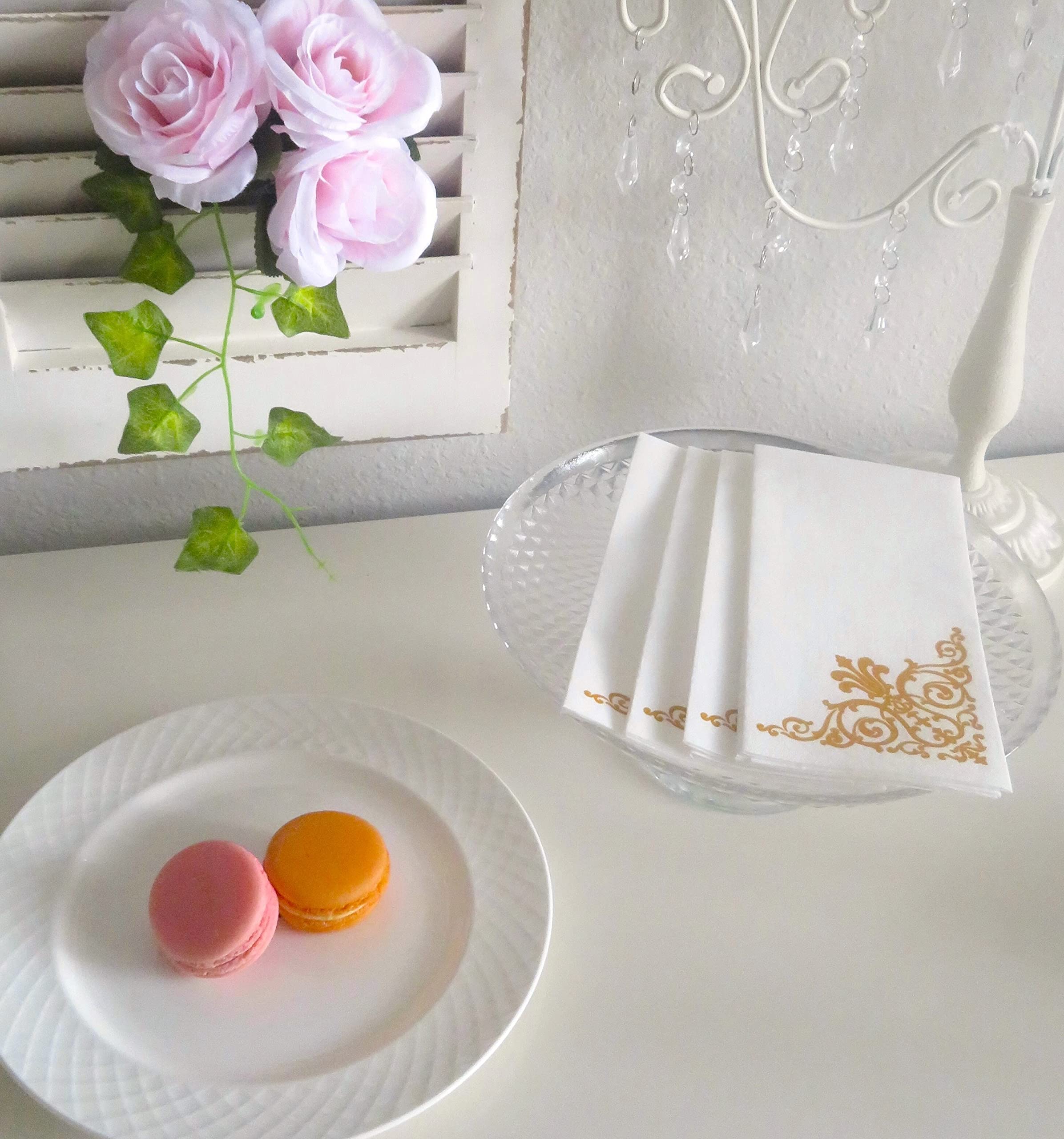 100 Bathroom Paper Hand Towels - Linen-Feel Guest Towels, Disposable Cloth Dinner Napkins, Ideal for Wedding Reception,Party Or Kitchen, White And Gold 12"x 17"