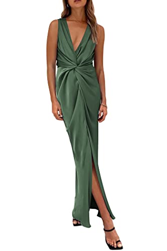 PRETTYGARDEN Women's Satin Ruched Bodycon Dress Summer 2024 Twist Front V Neck Sleeveless Split Maxi Dresses (Army Green,Medium)