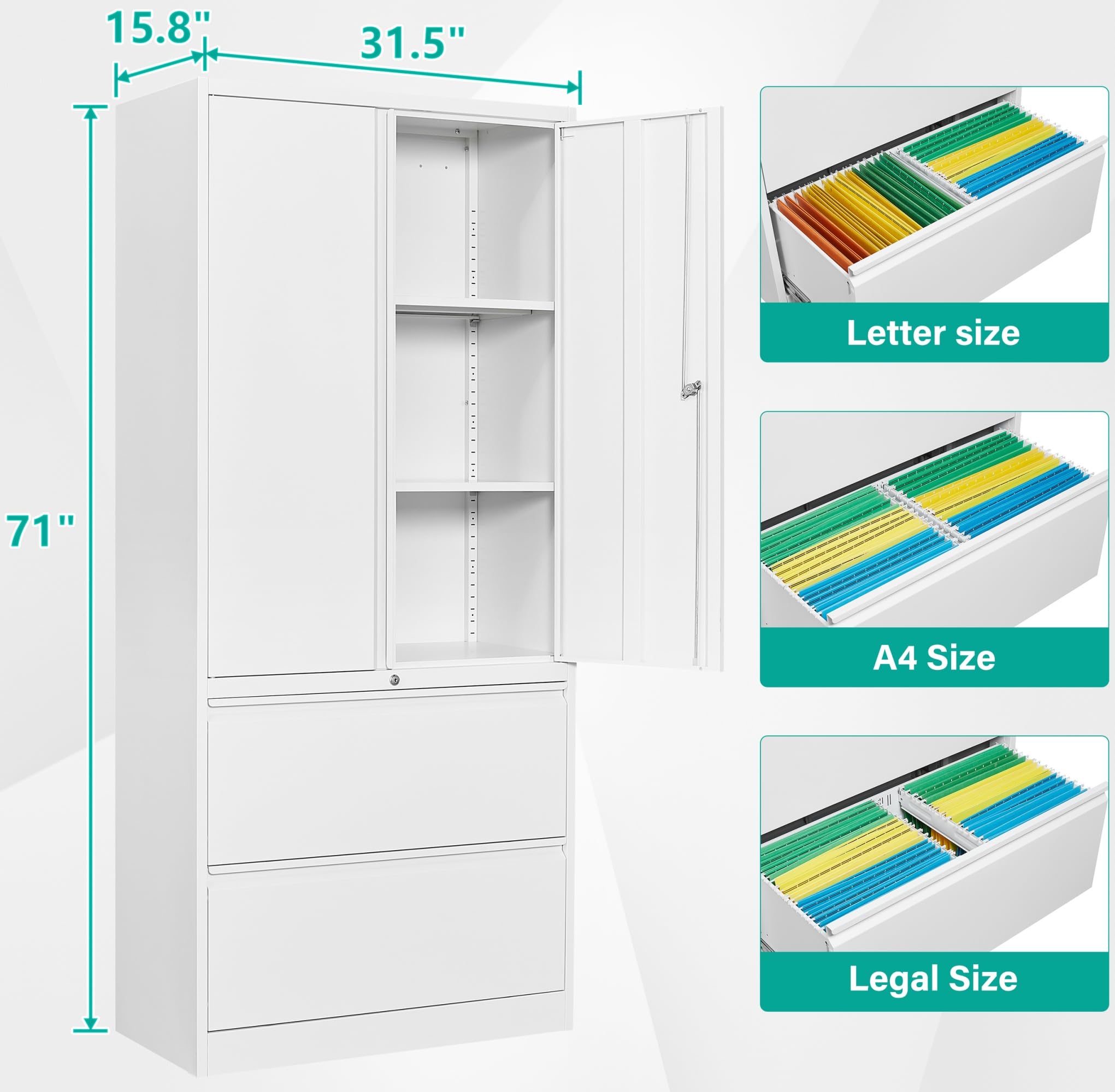 SISESOL Metal Storage Cabinet with Drawers, 71" File Cabinets for Home Office, Locking Steel Storage Cabinet with Doors and Shelves for Home, Office, Warehouse, Garage, School (White, 2 Drawers)