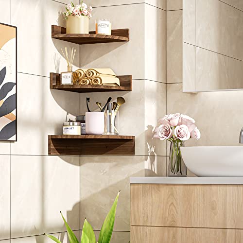 Alsonerbay Corner Shelf Wall Mount, Set of 3 Floating Shelves for Wall Storage and Display, Rustic Wall Shelves Wood Shelves for Bedroom, Kitchen, Living Room, Nursery and Office (Dark Brown)