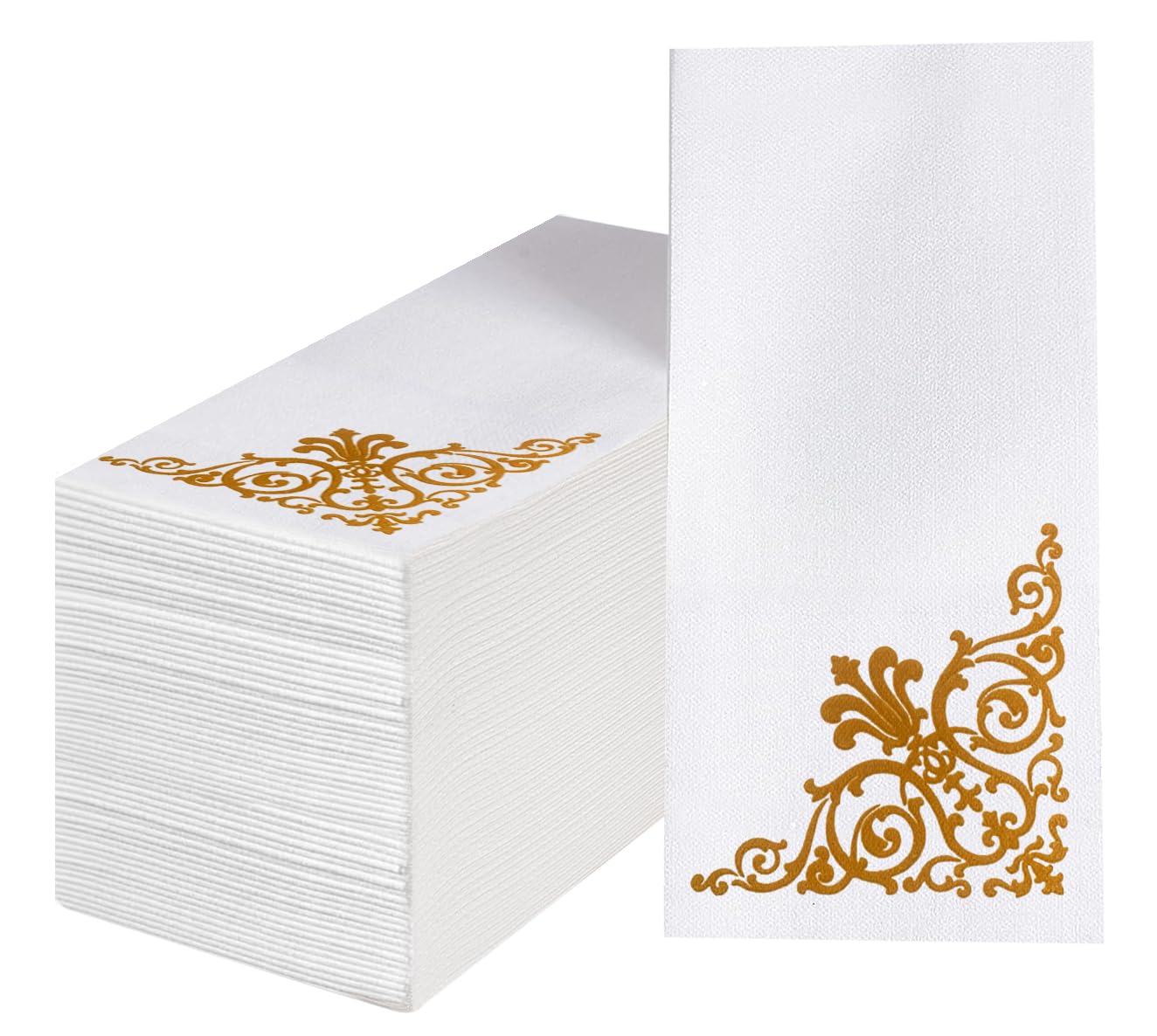 100 Bathroom Paper Hand Towels - Linen-Feel Guest Towels, Disposable Cloth Dinner Napkins, Ideal for Wedding Reception,Party Or Kitchen, White And Gold 12"x 17"