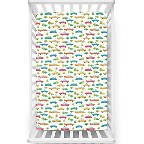 Retro Car Themed Fitted Crib Sheet,Standard Crib Mattress Fitted Sheet Soft & Stretchy Fitted Crib Sheet-Baby Sheet for Boys Girls,28“ x52“,Multicolor