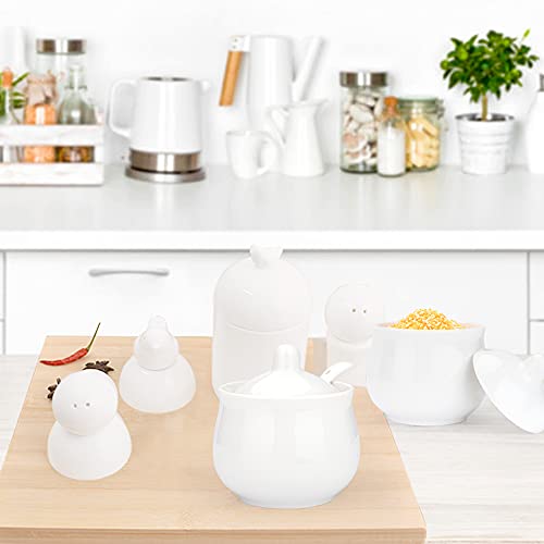 Swetwiny Porcelain Sugar Bowl with Lid and Spoon, Ceramic Salt Storage Jar, White Seasoning Container for Home and Kitchen, 7 Ounces (White)