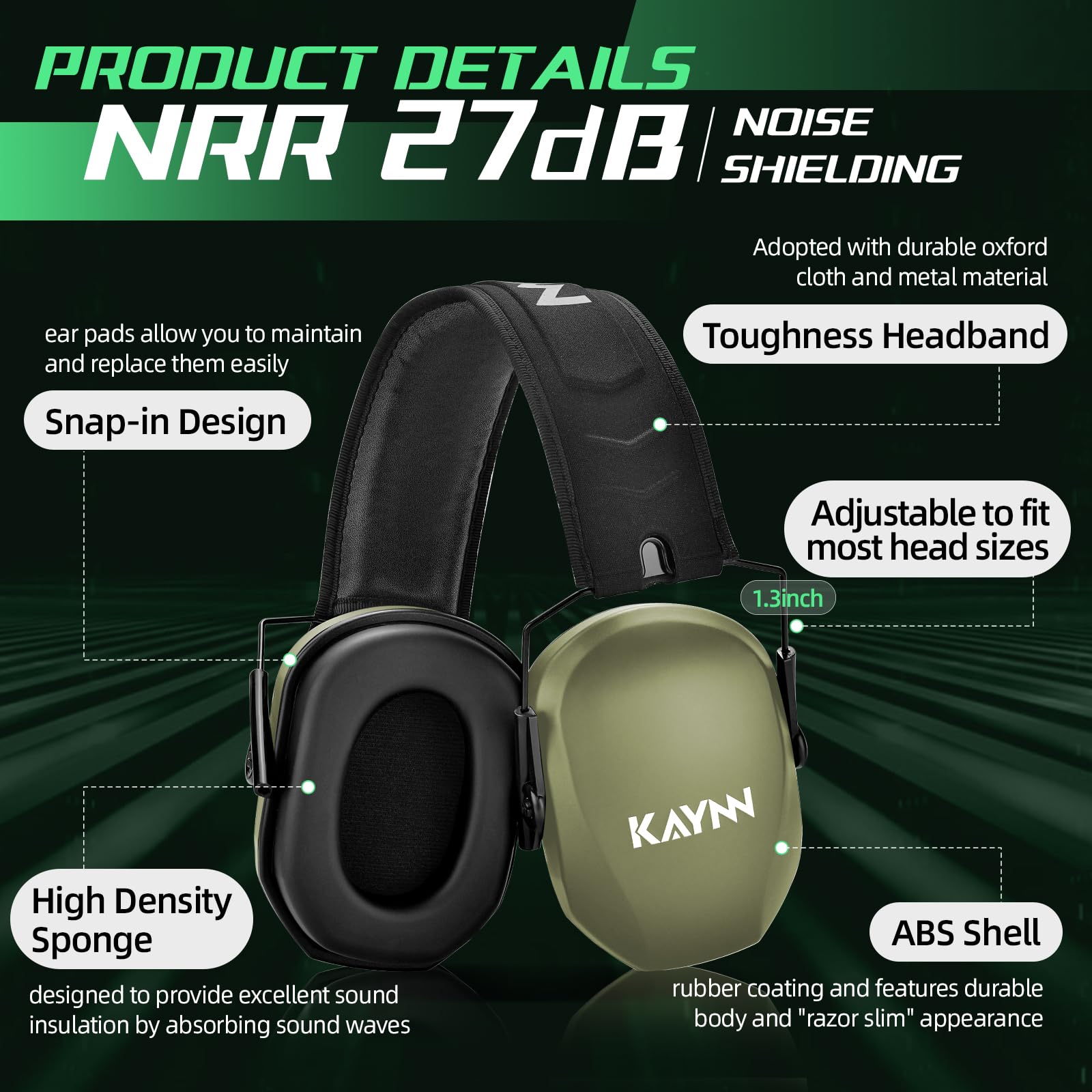 KAYNN 018 Ear Protection 2 Pack Hearing Protection for Shooting Gun Range,27dB NRR Noise Cancelling Safety Ear Muffs for Shooting Mowing(2Pack-Black&Green)