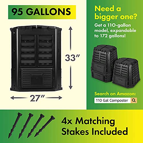 Garden Composter Bin Made from Recycled Plastic – 95 Gallons (360Liter) Large Compost Bin - Create Fertile Soil with Easy Assembly, Lightweight, Aerating Outdoor Compost Box