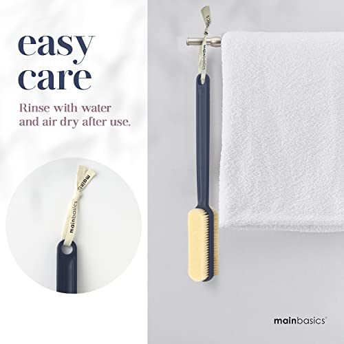 MainBasics Shower Brush Back Scrubber Dual-Sided Body Brush Long Handle with Soft and Stiff Bristles for Dry & Wet Brushing (Navy Blue)
