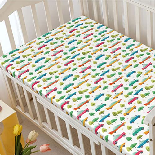 Retro Car Themed Fitted Crib Sheet,Standard Crib Mattress Fitted Sheet Soft & Stretchy Fitted Crib Sheet-Baby Sheet for Boys Girls,28β x52β,Multicolor
