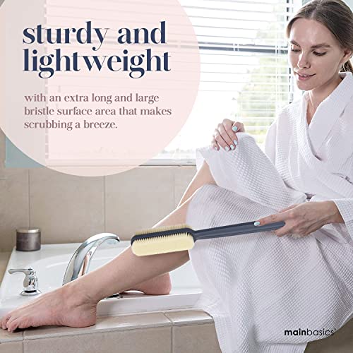 MainBasics Shower Brush Back Scrubber Dual-Sided Body Brush Long Handle with Soft and Stiff Bristles for Dry & Wet Brushing (Navy Blue)