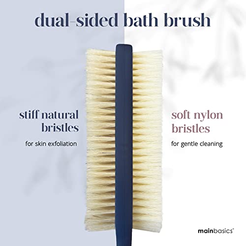 MainBasics Shower Brush Back Scrubber Dual-Sided Body Brush Long Handle with Soft and Stiff Bristles for Dry & Wet Brushing (Navy Blue)