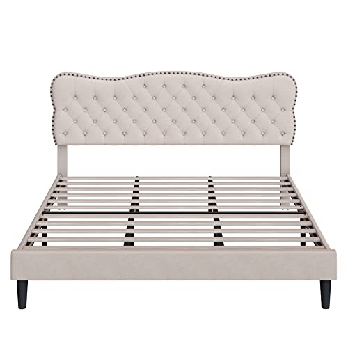HOSTACK King Size Bed Frame, Linen Fabric Upholstered Platform Bed Frame with Adjustable Headboard, Diamond Tufted Mattress Foundation with Wood Slats, Easy Assembly, No Box Spring Needed, Beige