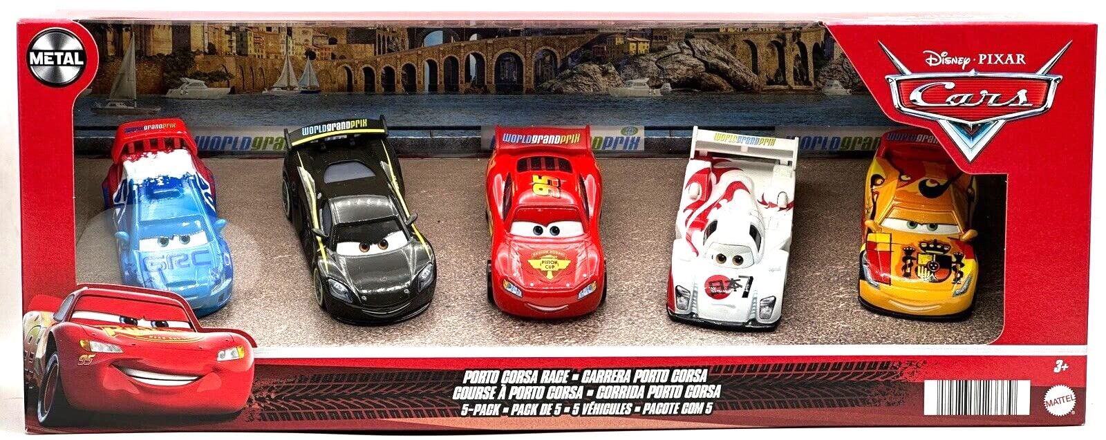 Disney Cars Toys Diecast Porto Corsa Race 5-Pack with Lightning McQueen, Raoul CaRoule, Lewis Hamilton, Shu Todoroki and Miguel Camino