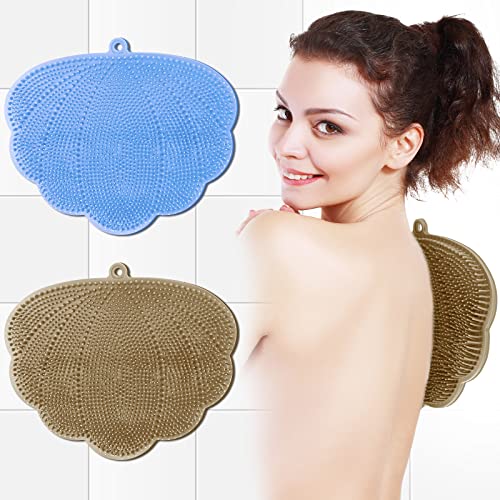 2 Pieces Silicone Back Scrubber Wall Mounted Shower Back Massager Scrubber Big Flat Back Scrubber for Shower Body Brush Foot Massager for Women Men (Blue, Gray)