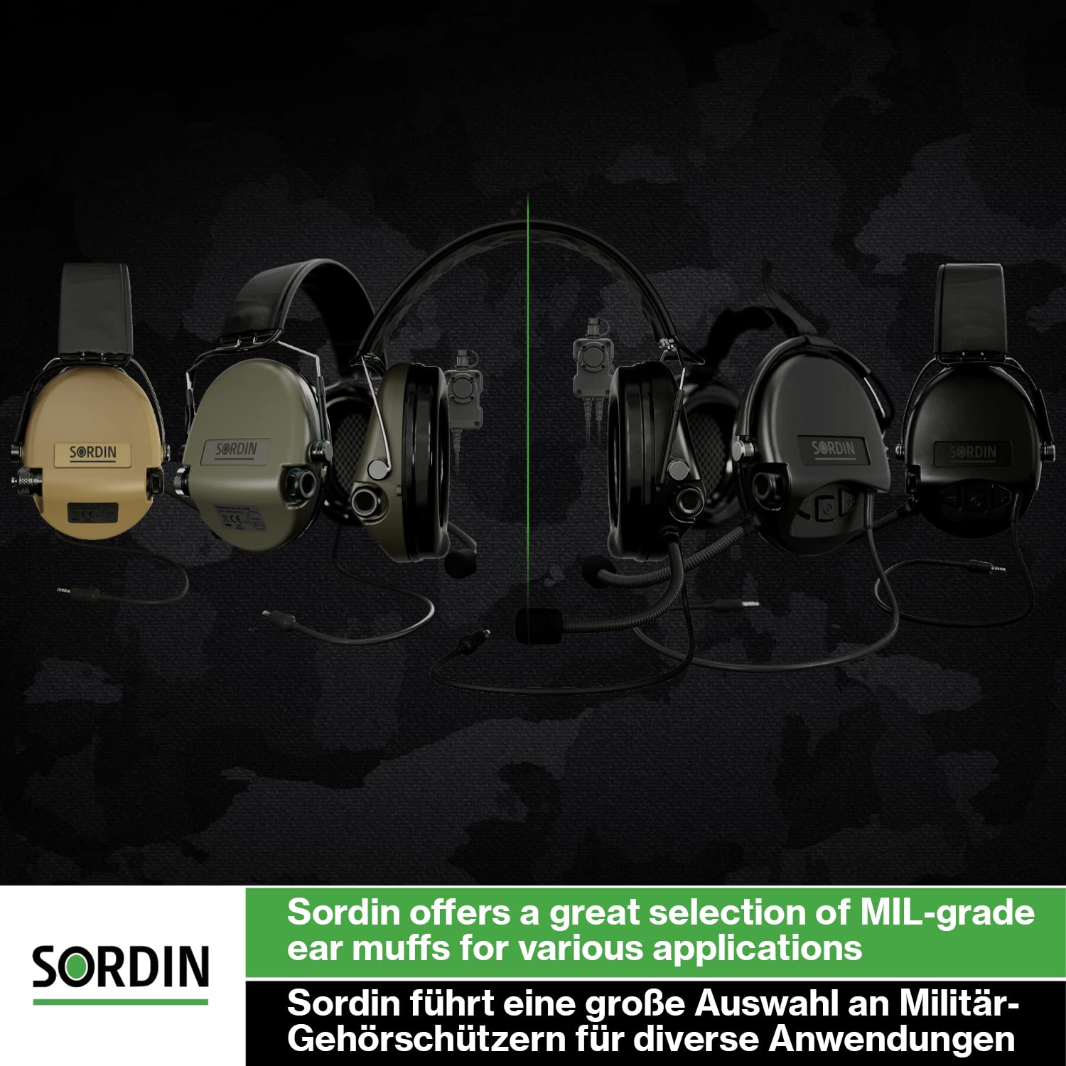 Sordin Supreme MIL CC Active Ear Defenders - Camo Band & Foam Kits - Nexus TP120 Downlead - Green Ear Muffs