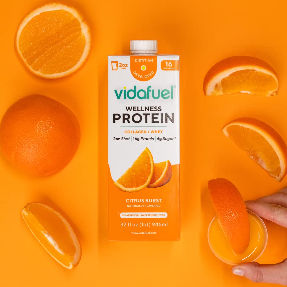 Vidafuel Protein Drink, 16g protein per 2oz shot, 32 fl oz carton, 2 Pack, berry and citrus, collagen and whey drink, no artificial sweeteners