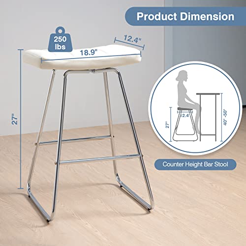 SICOTAS Bar Stools Set of 2 - Counter Height Bar Stools - 24 Inch Saddle Bar Stools - Modern Metal Bar Stools for Kitchen Counter - White Saddle Seat Barstools, Kitchen Island Stools - Chromed Base