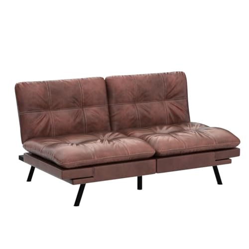 Opoiar Futon Sofa Bed Couch Sleeper Sofa Convertible Small Love Seat Memory Foam Brown Faux Leather Sofa for Living Room Apartment Office, Easy to Assemble, Great Addition