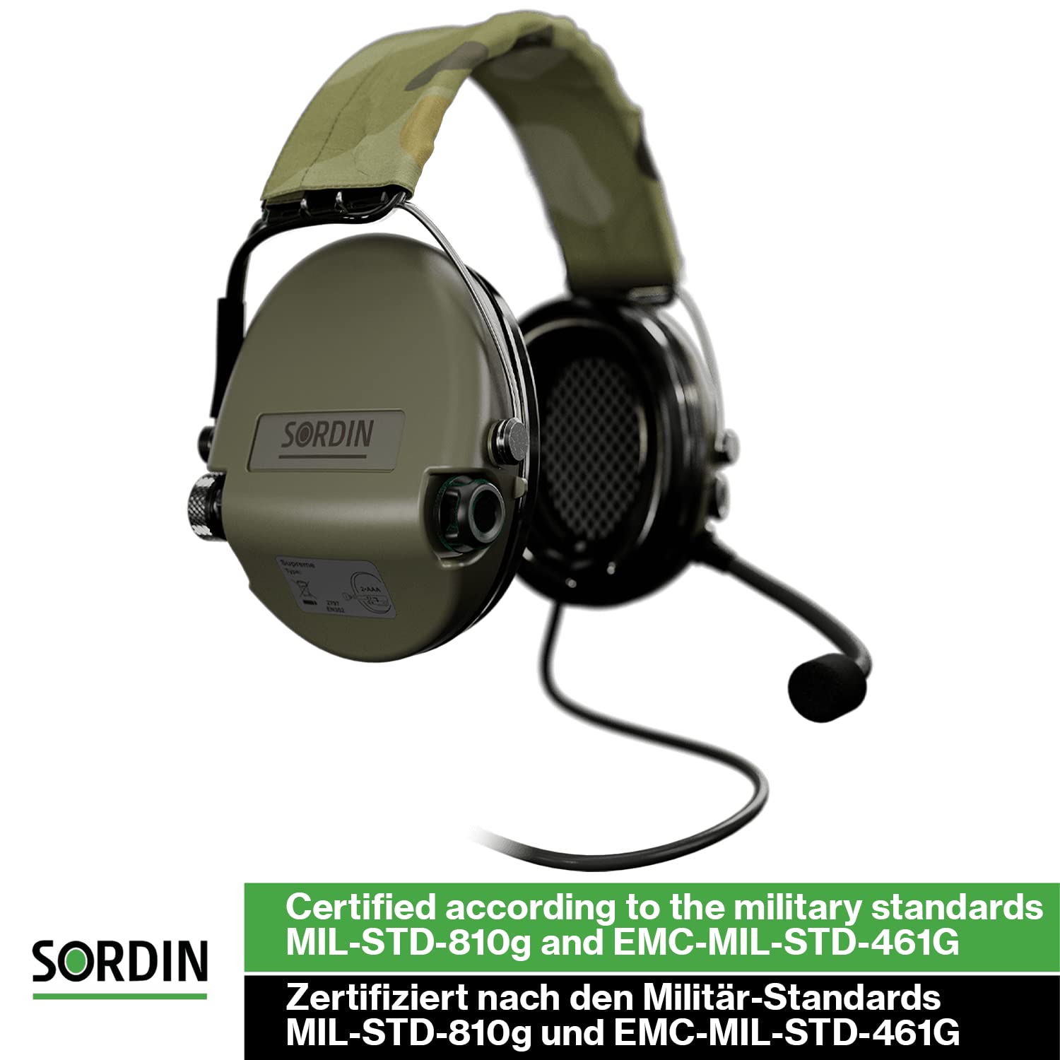 Sordin Supreme MIL CC Active Ear Defenders - Camo Band & Foam Kits - Nexus TP120 Downlead - Green Ear Muffs