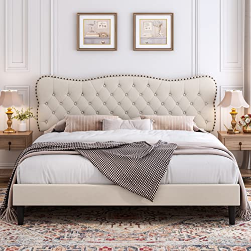 HOSTACK King Size Bed Frame, Linen Fabric Upholstered Platform Bed Frame with Adjustable Headboard, Diamond Tufted Mattress Foundation with Wood Slats, Easy Assembly, No Box Spring Needed, Beige