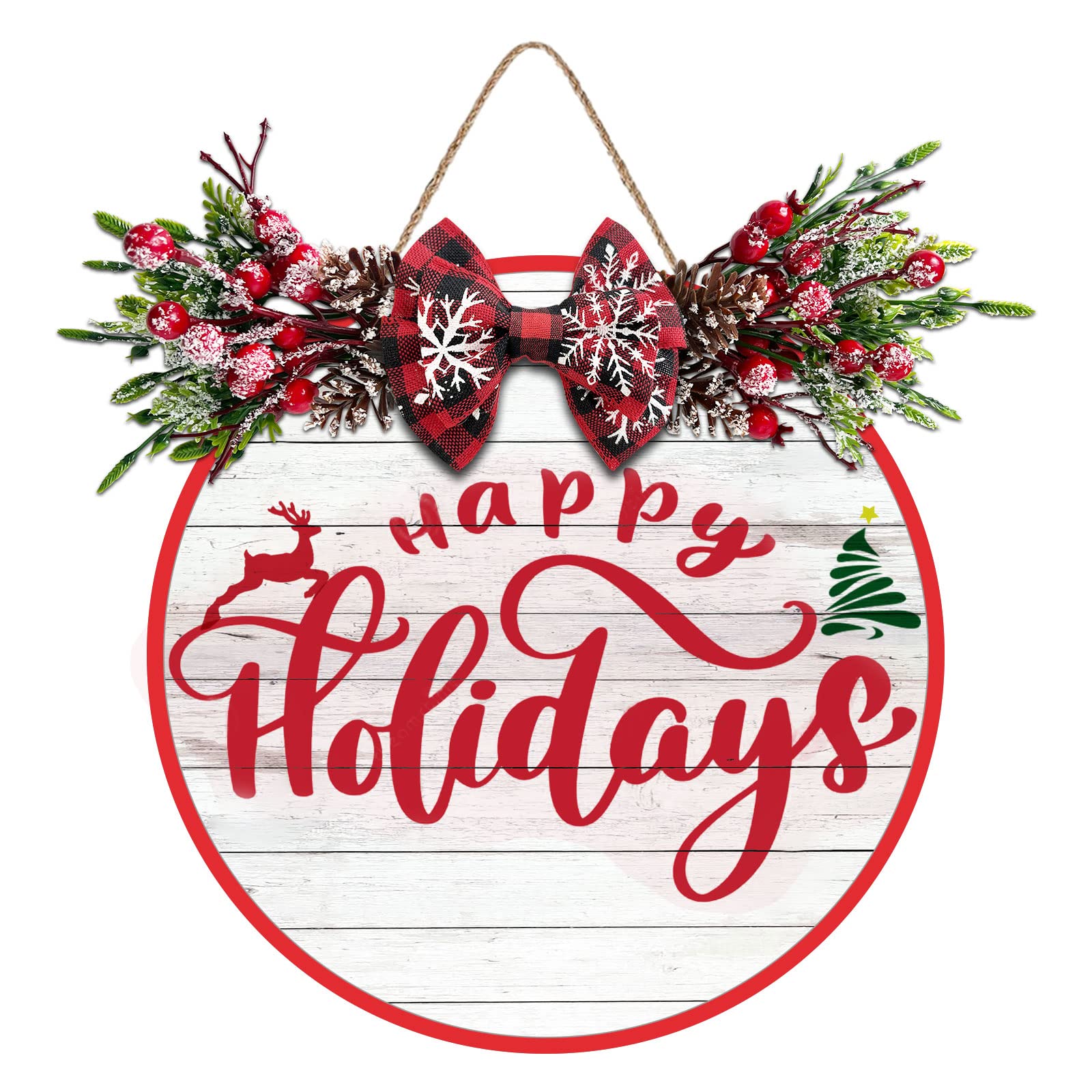 Christmas Welcome Sign for Front Door White Red Wooden Happy Holiday Sign with Wreath Porch Front Door Hanging Decor Farmhouse Wall Decorations for Home Outdoor Indoor (12 * 12 inch)