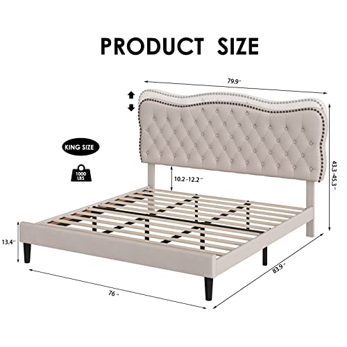 HOSTACK King Size Bed Frame, Linen Fabric Upholstered Platform Bed Frame with Adjustable Headboard, Diamond Tufted Mattress Foundation with Wood Slats, Easy Assembly, No Box Spring Needed, Beige