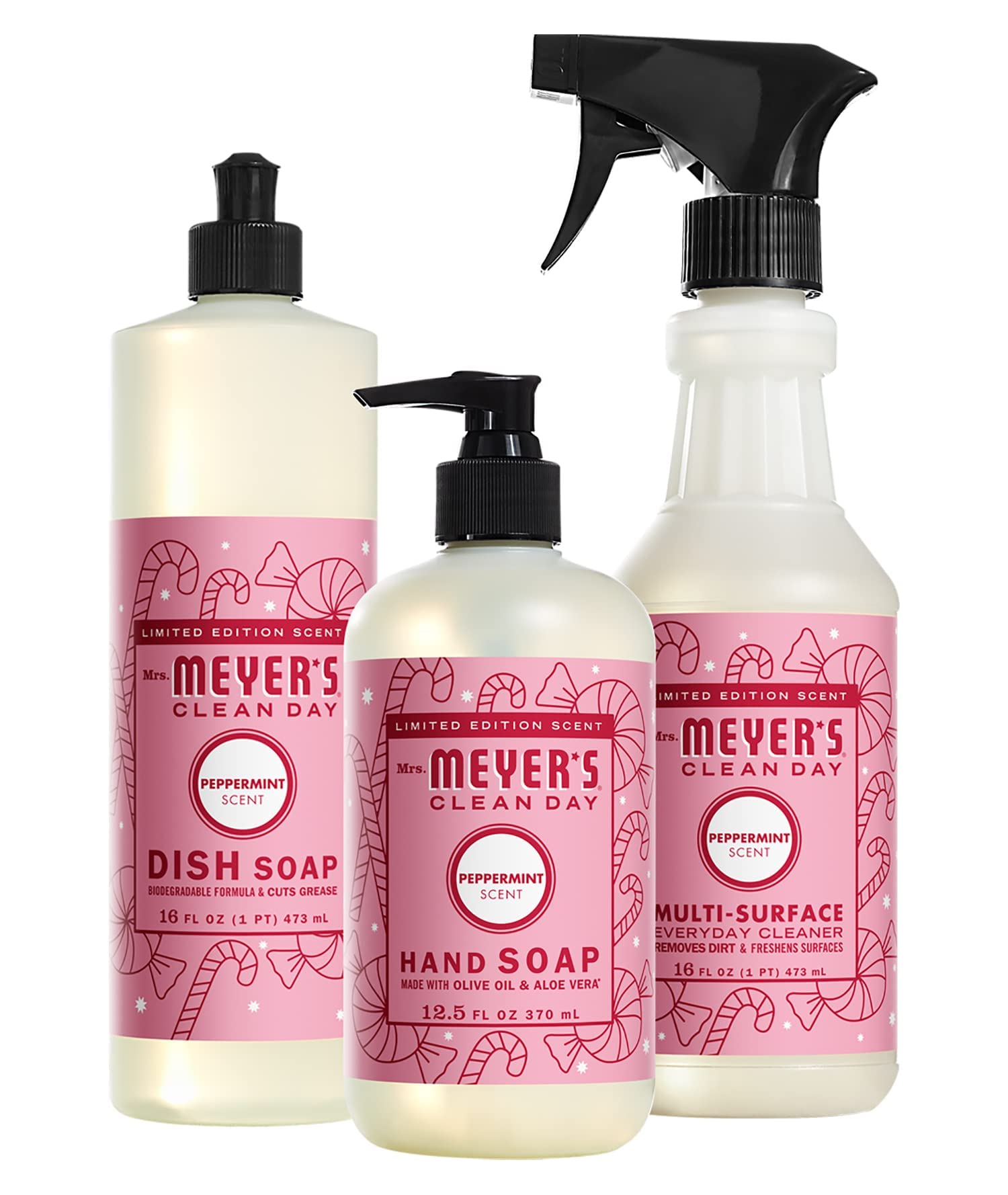 Mrs. Meyer's Kitchen Set, Dish Soap, Hand Soap, and Multi-Surface Cleaner, 3 CT (Peppermint)