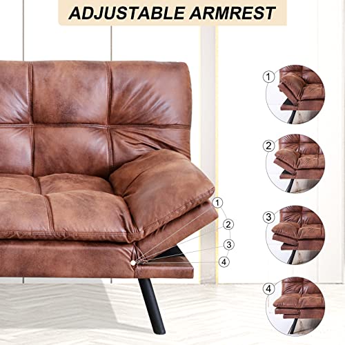 Opoiar Futon Sofa Bed Couch Sleeper Sofa Convertible Small Love Seat Memory Foam Brown Faux Leather Sofa for Living Room Apartment Office, Easy to Assemble, Great Addition