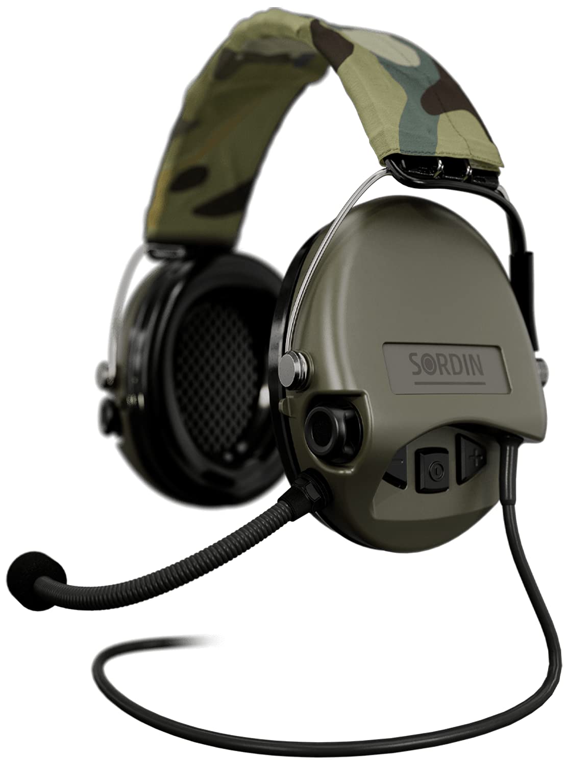 Sordin Supreme MIL CC Active Ear Defenders - Camo Band & Foam Kits - Nexus TP120 Downlead - Green Ear Muffs