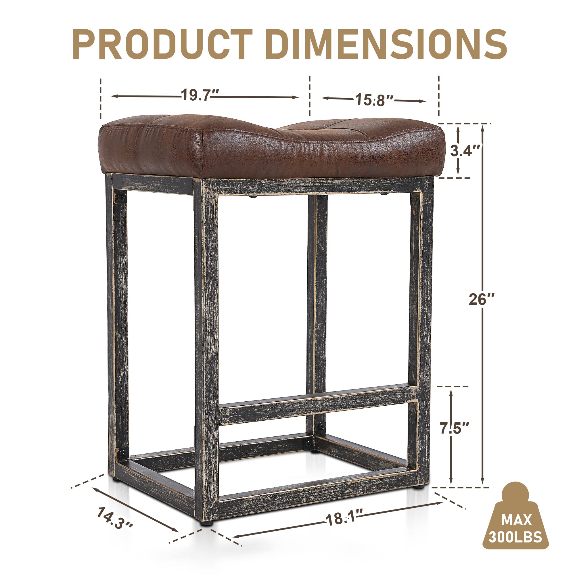 Flysky Counter Height Bar Stools Set of 2, 24 inch Saddle Stool PU Leather Barstools with Metal Base, Footrest, Tall Bar Stool for Dining, Kitchen Island, Coffee, Pub(2PC, 24INCH)