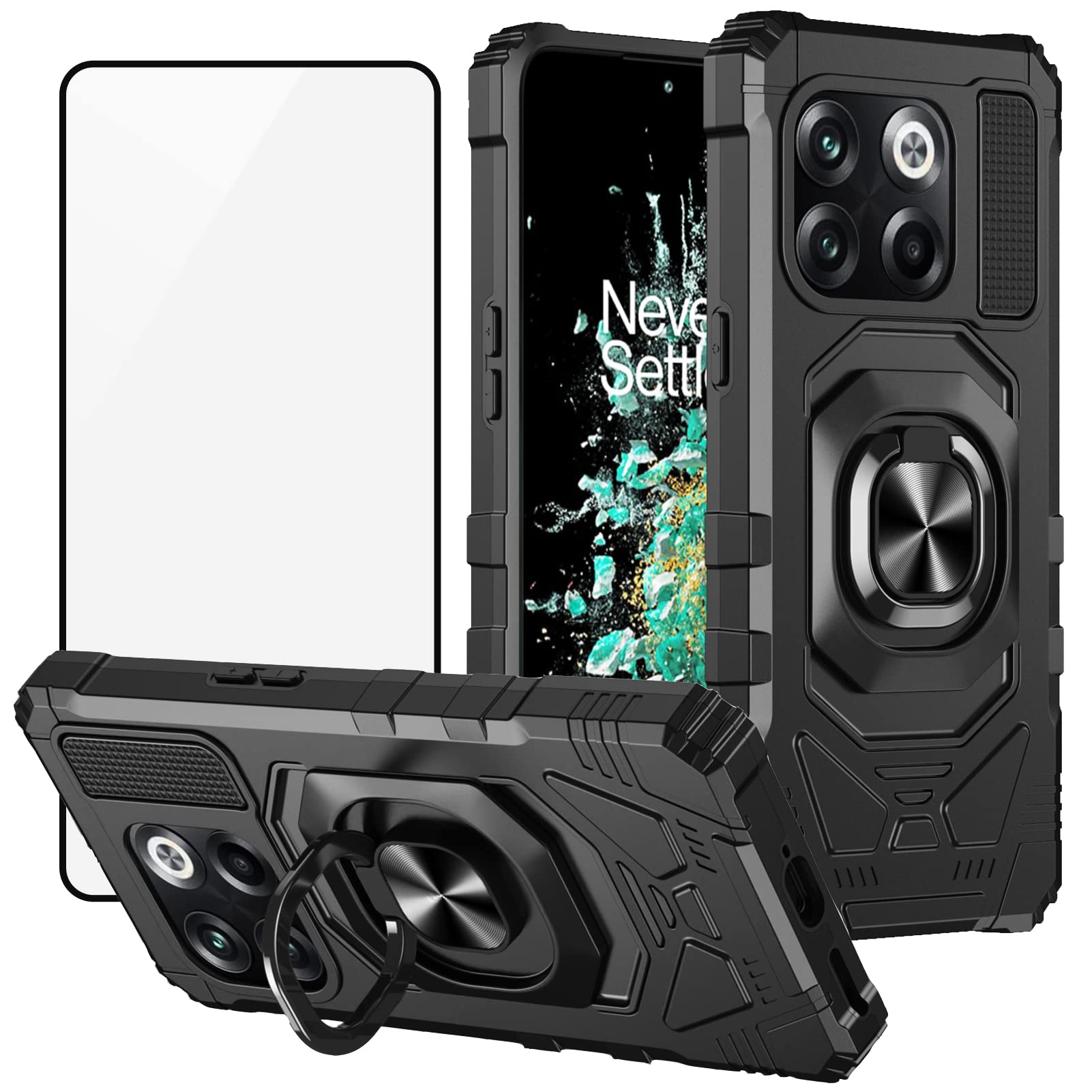 Ailiber Case for OnePlus 10T 5G with Tempered Glass Screen Protector, Ring Kickstand for Magnetic Car Mount, Heavy Duty Shockproof Protective Hard Phone Cover - Black