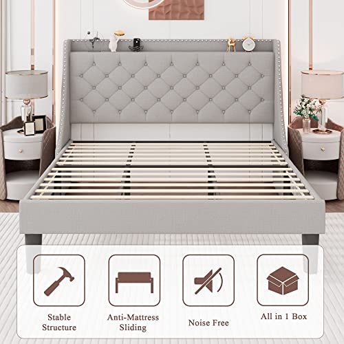 Feonase King Size Bed Frame with Deluxe Wingback Headboard, Upholstered Platform Bed Frame with Diamond Tufting & Storage Shelf, Wood Slats, Easy Assembly, Noise-Free, No Box Spring Needed, Light Gray