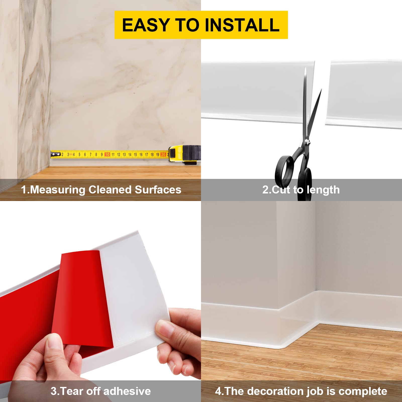 Jaspond Flexible Baseboard Molding Trim, 4 Inch(W) x 20 Feet(L) Self-Adhesive Vinyl Wall Base Cove Base, Peel and Stick Rubber Wall Base Moulding Trim