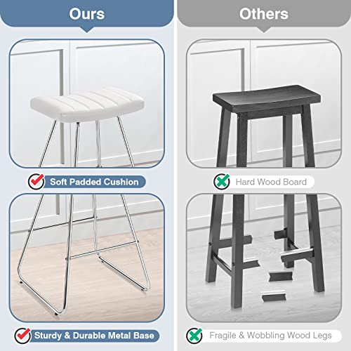 SICOTAS Bar Stools Set of 2 - Counter Height Bar Stools - 24 Inch Saddle Bar Stools - Modern Metal Bar Stools for Kitchen Counter - White Saddle Seat Barstools, Kitchen Island Stools - Chromed Base
