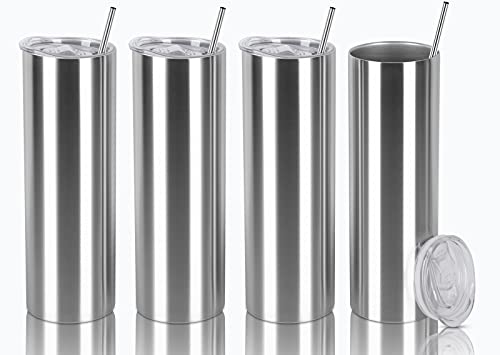 20 Oz Straight Skinny Tumbler Set, Stainless Steel Slim Skinny Travel Tumbler Bulk, Birthday Diy Gift For Women Friends Sisters, 4 Pack, Silver