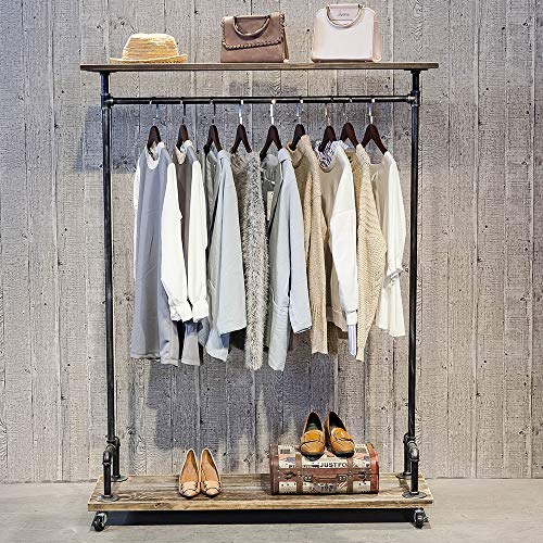 SULIANG Industrial Pipe Clothing Rack Wood Clothing Racks on Wheels, Retail Clothes Rack with Wheels Vintage Garment Rack with Shelves,Rolling Racks for Hanging Clothes Rustic Heavy Duty Clothes Rack