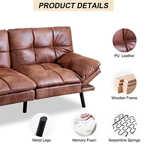Opoiar Futon Sofa Bed Couch Sleeper Sofa Convertible Small Love Seat Memory Foam Brown Faux Leather Sofa for Living Room Apartment Office, Easy to Assemble, Great Addition