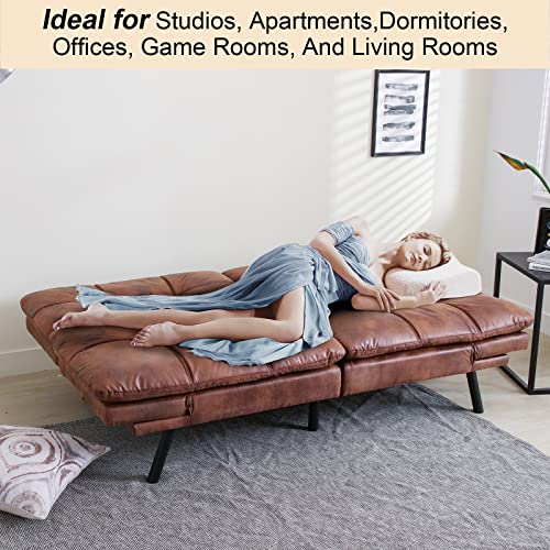 Opoiar Futon Sofa Bed Couch Sleeper Sofa Convertible Small Love Seat Memory Foam Brown Faux Leather Sofa for Living Room Apartment Office, Easy to Assemble, Great Addition