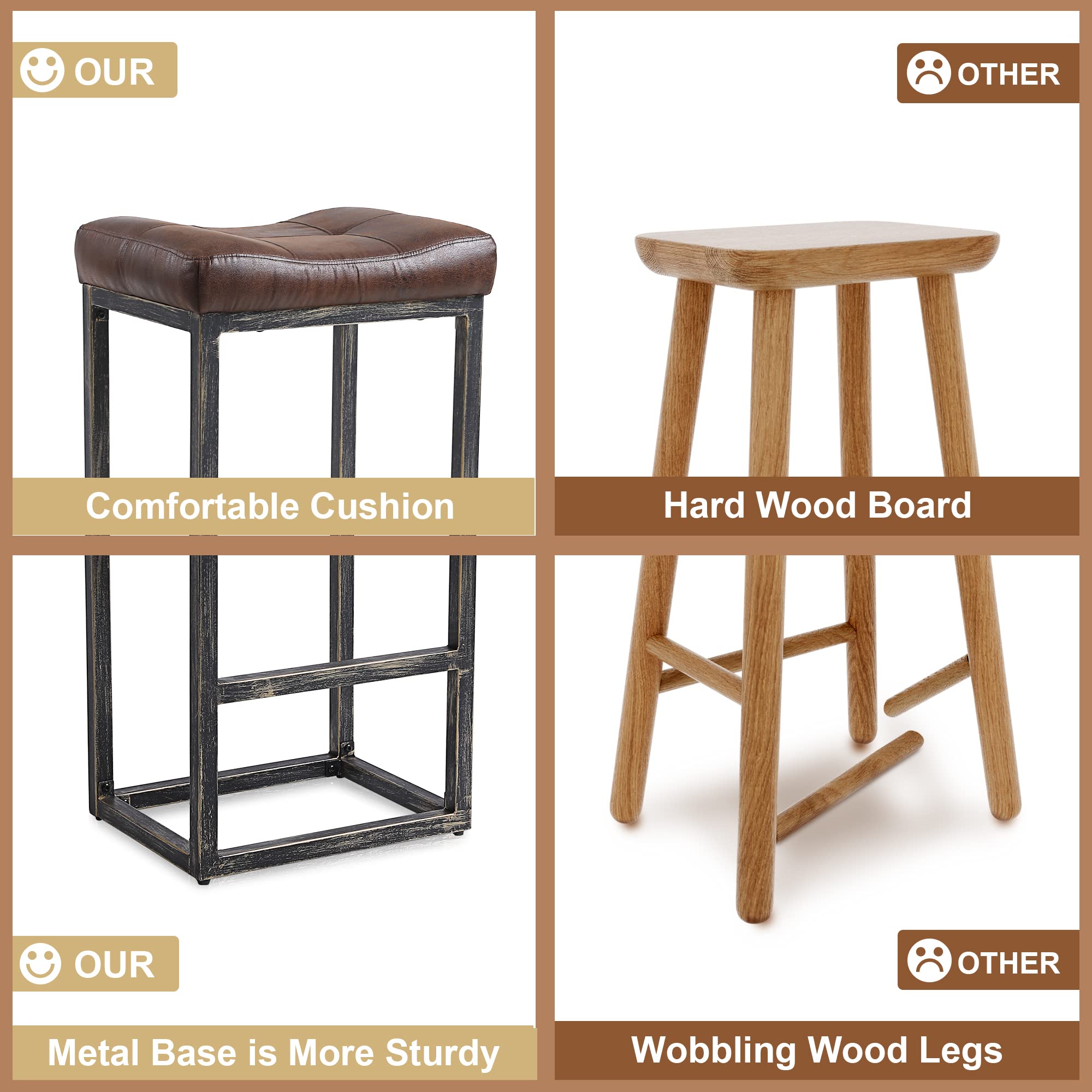 Flysky Counter Height Bar Stools Set of 2, 24 inch Saddle Stool PU Leather Barstools with Metal Base, Footrest, Tall Bar Stool for Dining, Kitchen Island, Coffee, Pub(2PC, 24INCH)