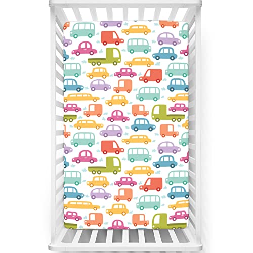 Cars Themed Fitted Crib Sheet,Standard Crib Mattress Fitted Sheet Toddler Bed Mattress Sheets -Baby Crib Sheets for Girl or Boy,28“ x52“,Multicolor