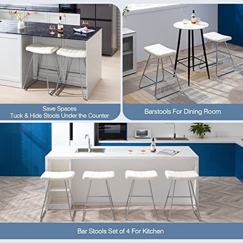 SICOTAS Bar Stools Set of 2 - Counter Height Bar Stools - 24 Inch Saddle Bar Stools - Modern Metal Bar Stools for Kitchen Counter - White Saddle Seat Barstools, Kitchen Island Stools - Chromed Base