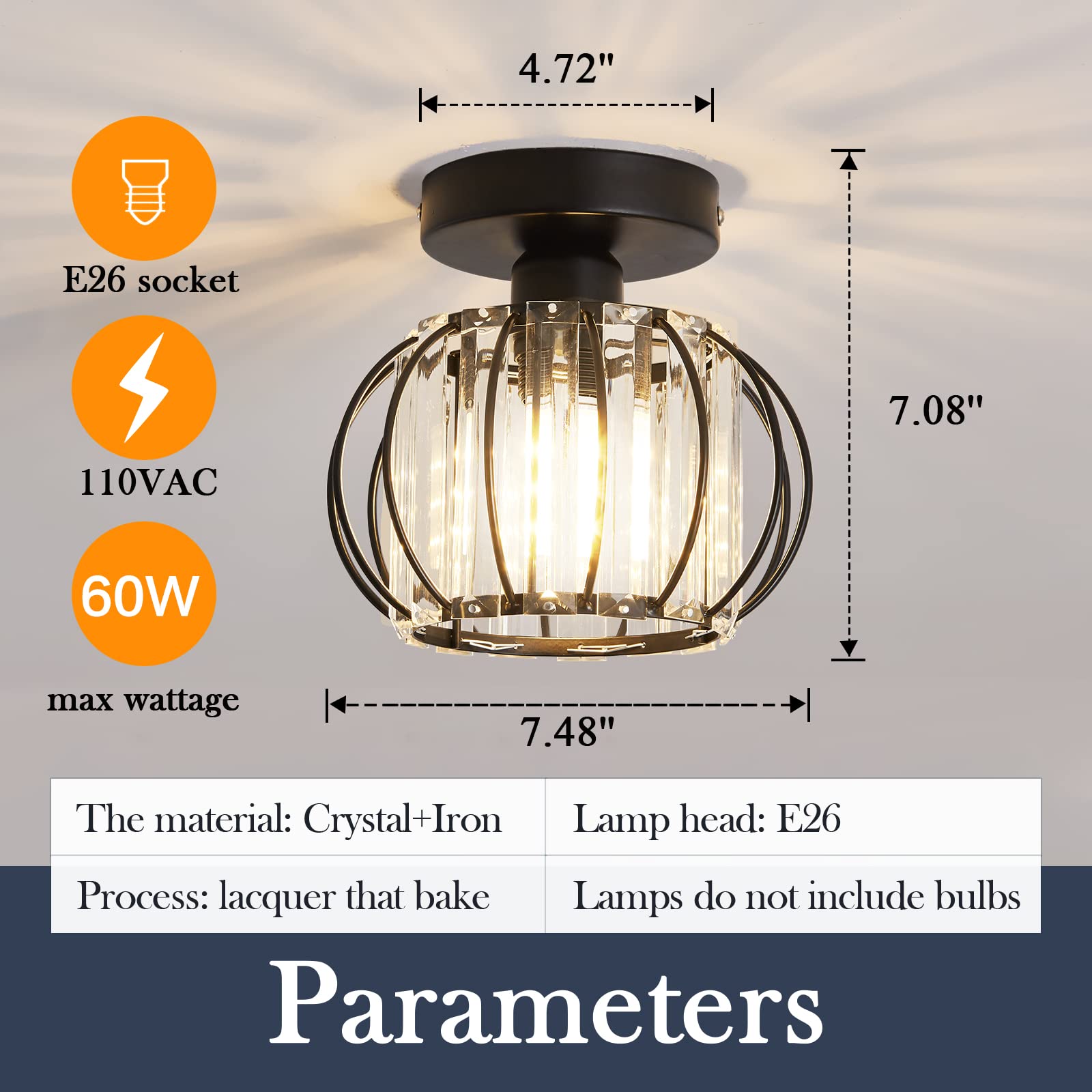 YYJLX 2 Pack Semi Flush Mount Ceiling Light Fixture Modern Small Crystal Chandelier Mini Indoor Ceiling Lamp for Bathroom Hallway Foyer Porch Hall Closet(Black)