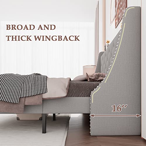 Feonase King Size Bed Frame with Deluxe Wingback Headboard, Upholstered Platform Bed Frame with Diamond Tufting & Storage Shelf, Wood Slats, Easy Assembly, Noise-Free, No Box Spring Needed, Light Gray