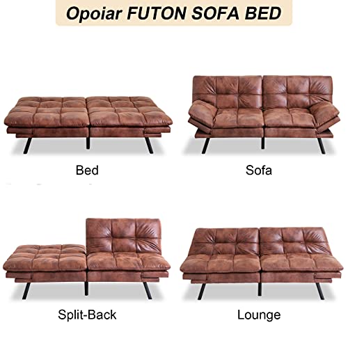 Opoiar Futon Sofa Bed Couch Sleeper Sofa Convertible Small Love Seat Memory Foam Brown Faux Leather Sofa for Living Room Apartment Office, Easy to Assemble, Great Addition