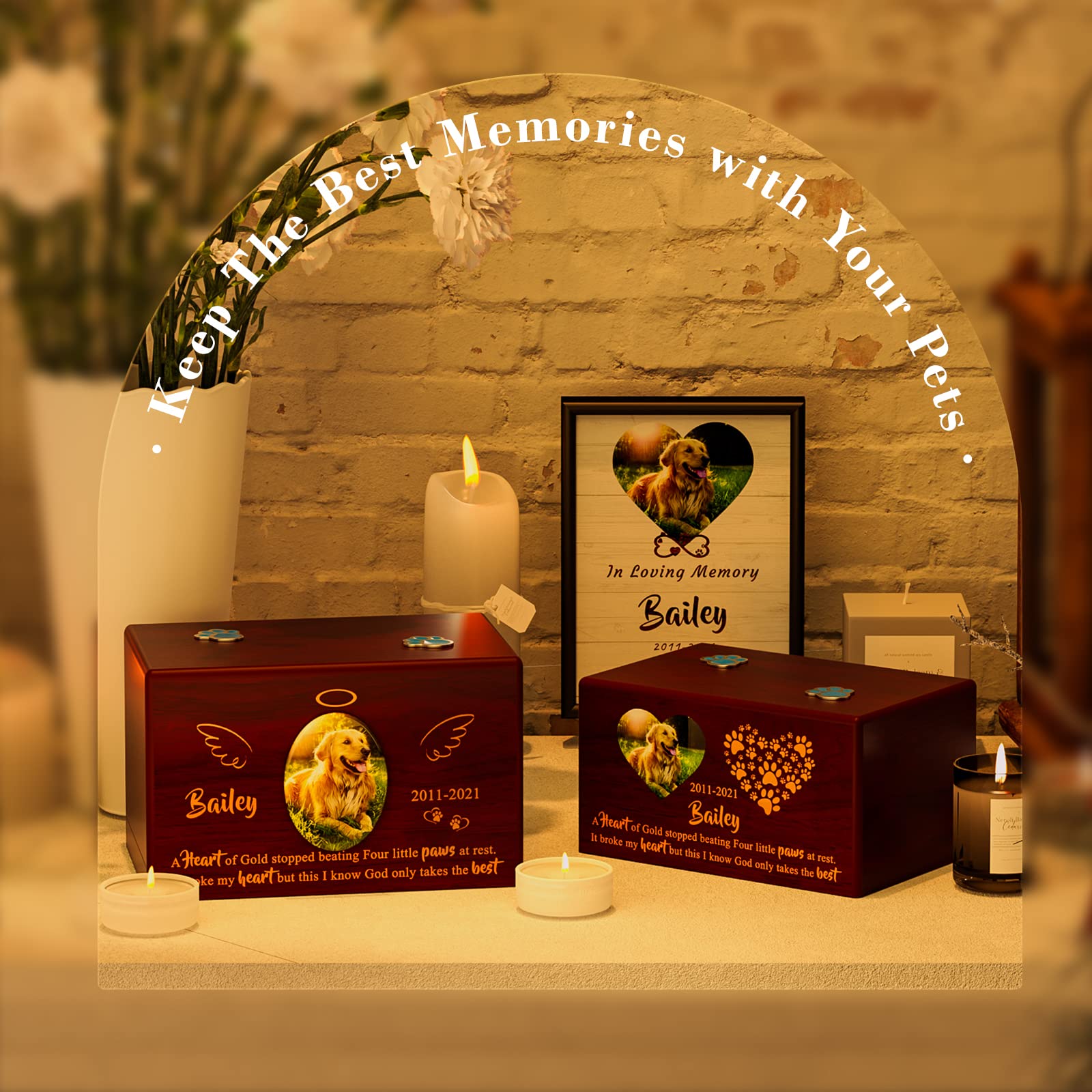 Bemaystar Pet Urns for Dogs Ashes - Custom Pet Ashes Keepsake Box, Personalized Pet Cremation Photo Urn, Wooden Pet Memorial Funeral Urns Box, Loss Pet Gift for Pet Lovers Medium 0-72lbs